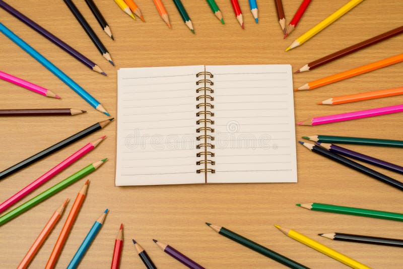 Multi Colored Pencils and Notebook with Text Space Stock Image - Image ...