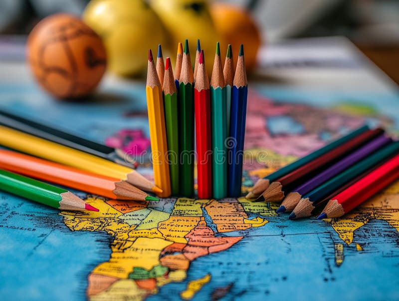 Multi-colored Pencils on the World Map Stock Illustration ...