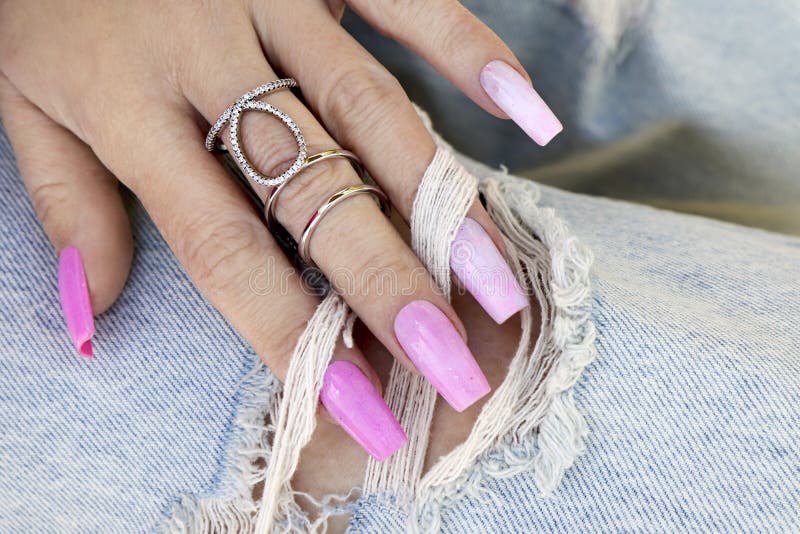 Multi-colored Pink Manicure with Long Nails. Stock Image - Image of ...