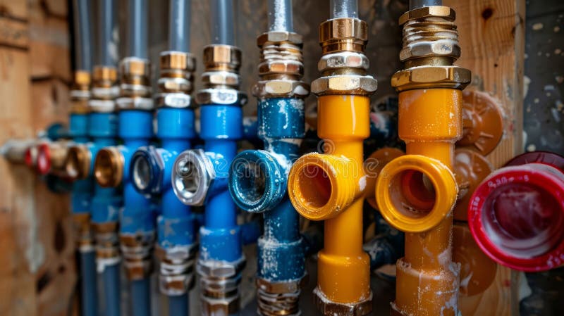 Multi-colored Pipes and Valves in a Plumbing Setup Stock Image - Image ...
