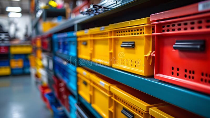Multi-colored Plastic Storage Bins on Warehouse Shelves. Stock Image ...