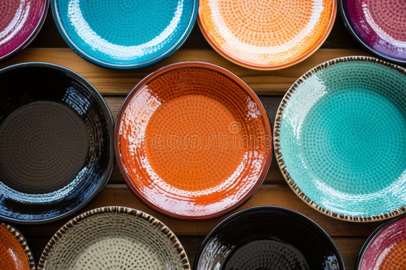 Multi-colored Plates on a Wooden Table, Top View Stock Illustration ...