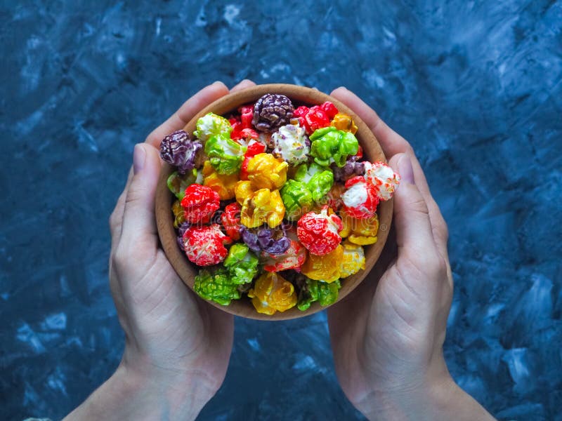 Multi-colored Popcorn on a Dark Blue Background. the View from the Top ...