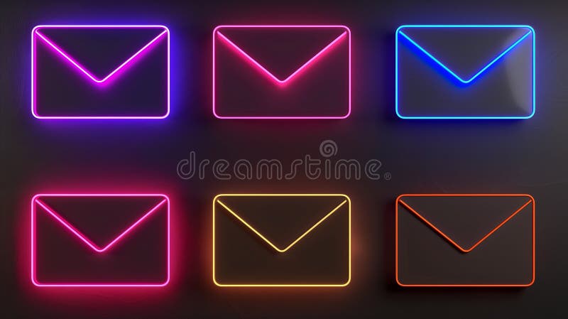 Multi-colored Postal Envelopes with a Neon Glow on a Black Background ...