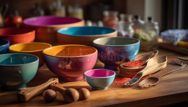 Multi Colored Pottery Bowl with Wooden Spoon Generated by AI Stock ...
