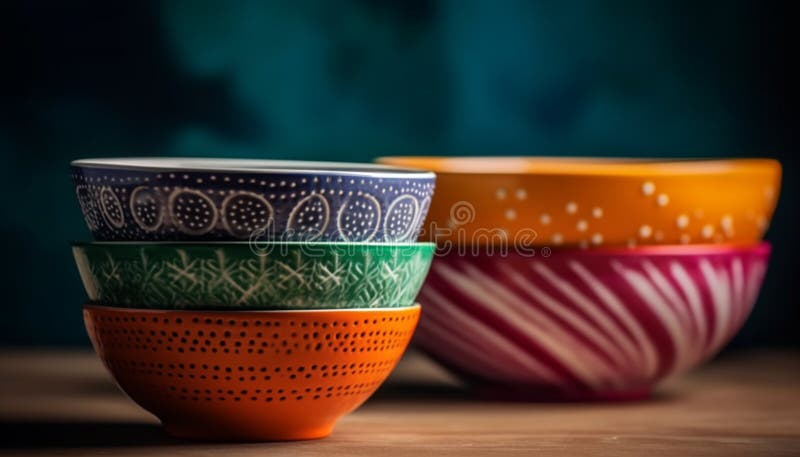 Multi Colored Pottery Collection Stacked on Wooden Table Generated by ...