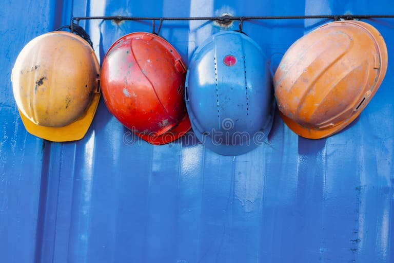 Multi-colored Protective Construction Helmets. Coordinated Work of the ...