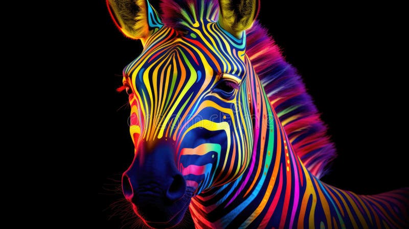 Multi-colored Rainbow Neon Zebra on a Black Background. Modern Design ...