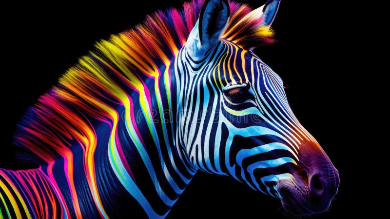 Multi-colored Rainbow Neon Zebra on a Black Background. Modern Design ...