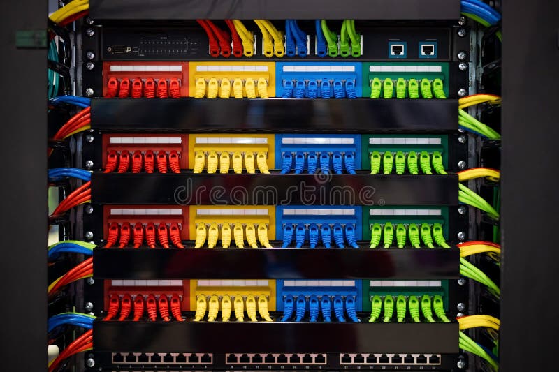 Multi-colored Rows of Network Cables are Connected To the System Stock ...