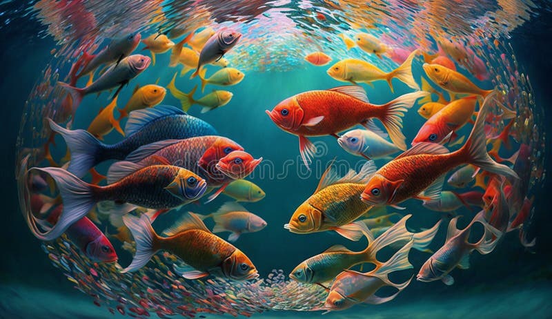 Multi Colored School of Fish Swimming in Blue Water ,generative AI ...