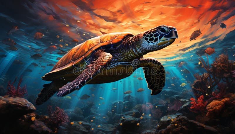 A Multi Colored Sea Turtle Swims in the Blue Underwater Reef Generated ...