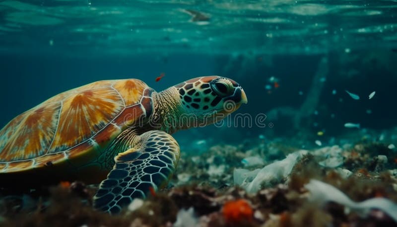 Multi Colored Sea Turtle Swims in Tranquil Underwater Reef Environment ...