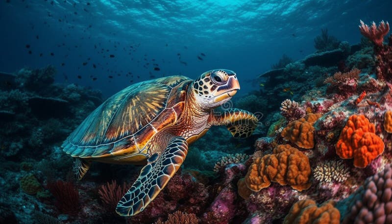 Multi Colored Sea Turtle Swims in Tropical Reef Generated by AI Stock ...