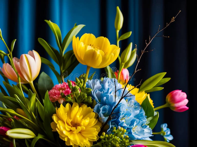 Multi Colored Spring Flowers with Buds and Green Leaves on Blue ...