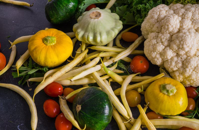 Multi-colored Squash, Cauliflower, Cherry Tomatoes and Green Beans ...