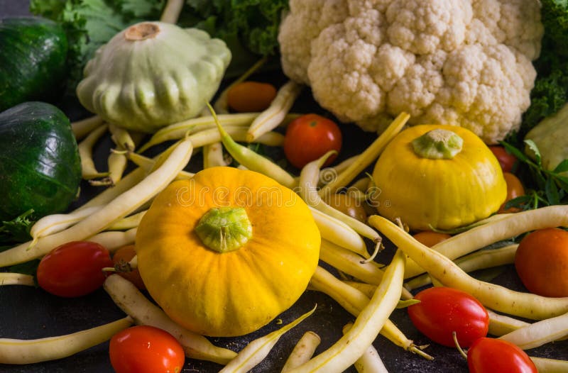 Multi-colored Squash, Cauliflower, Cherry Tomatoes and Green Beans ...