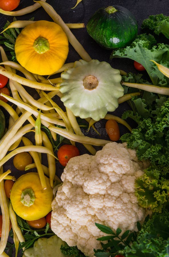 Multi-colored Squash, Cauliflower, Cherry Tomatoes and Green Beans ...