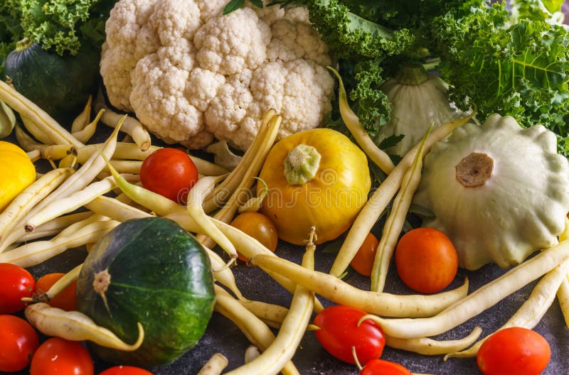Multi-colored Squash, Cauliflower, Cherry Tomatoes and Green Beans ...