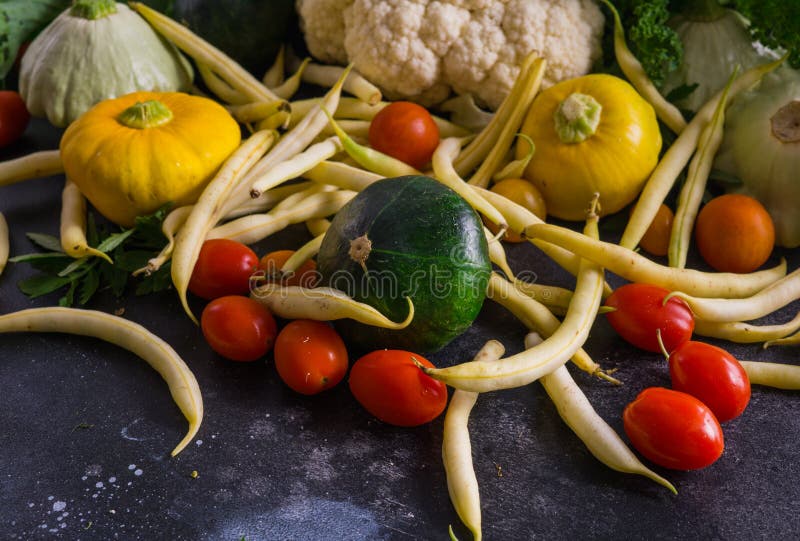 Multi-colored Squash, Cauliflower, Cherry Tomatoes and Green Beans ...