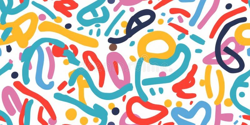 Multi Colored Squiggled Bold Lines with Loops and Dots Seamless Pattern. Abstract Brush Drawn ...