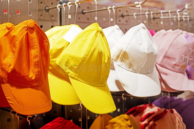 Multi-colored Summer Caps in the Store. Summer is Coming Stock Photo ...