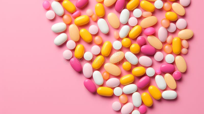 Multi-colored Tablets, Capsules and Vitamins in a Jar on a Pink ...