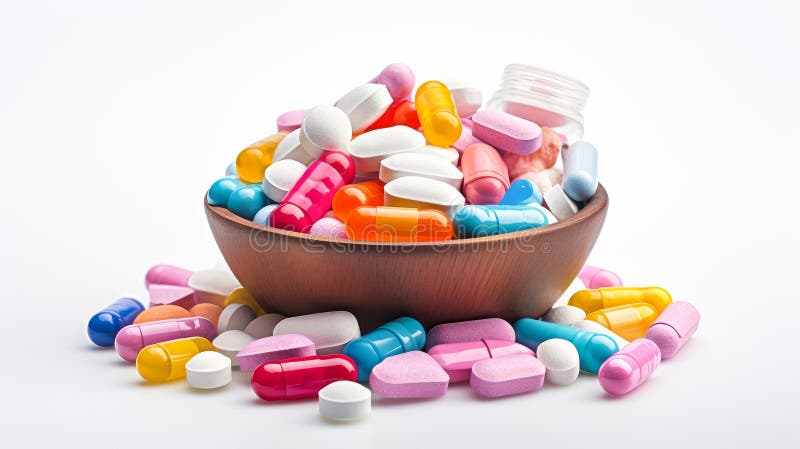Multi-colored Tablets, Capsules and Vitamins in a Jar on a White ...