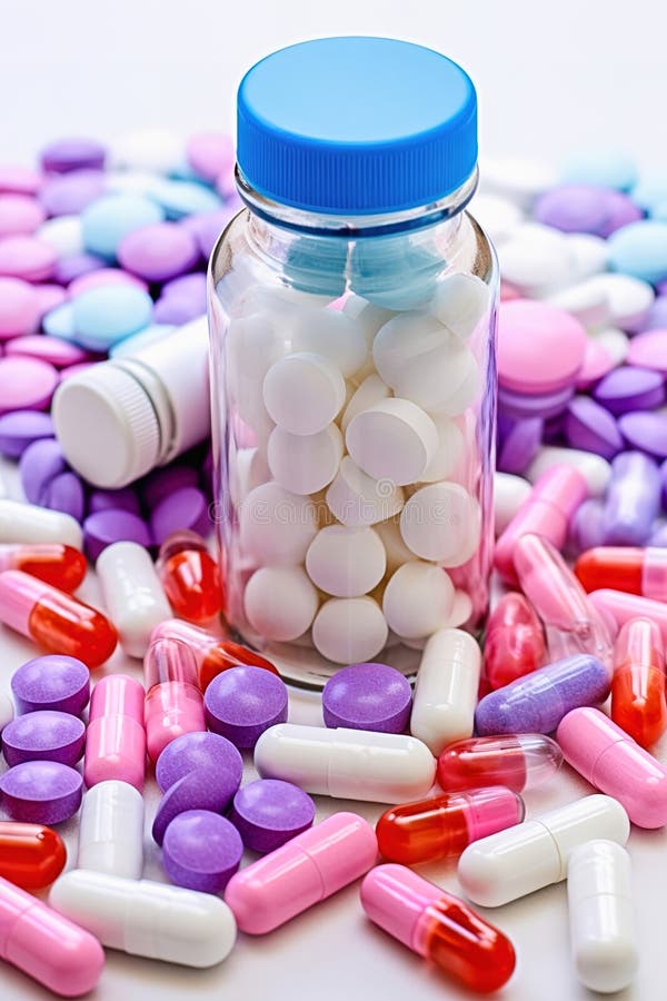 Multi-colored Tablets in a Glass Jar. Stock Photo - Image of white ...