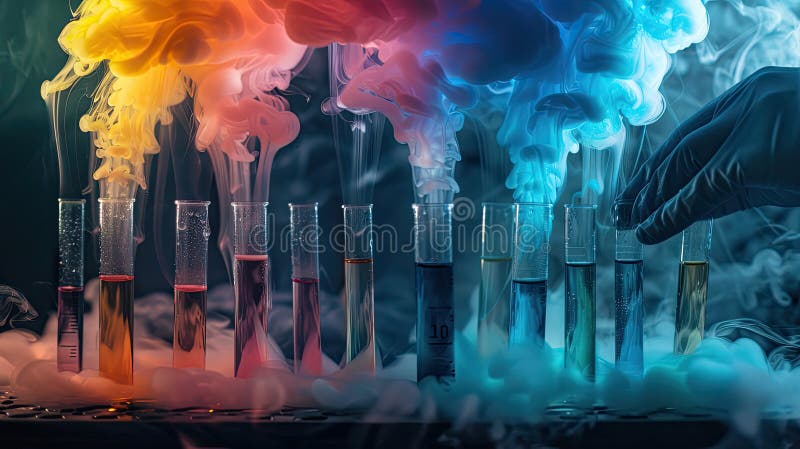 Multi-colored Test Tubes with Smoke and Hands. Selective Focus Stock ...