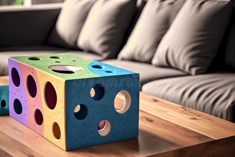 Multi-colored Tissue Box with Holes on Each Side on Wooden Table Next ...