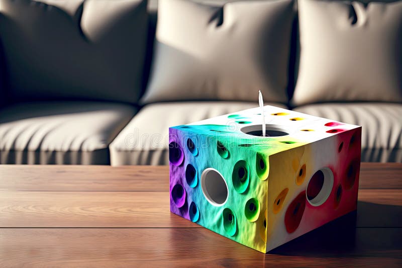 Multi-colored Tissue Box with Holes on Each Side on Wooden Table Next ...