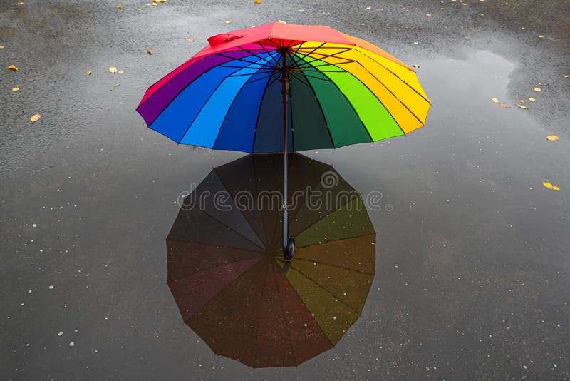 A Multi-colored Umbrella in a Puddle. Stock Photo - Image of raindrops ...