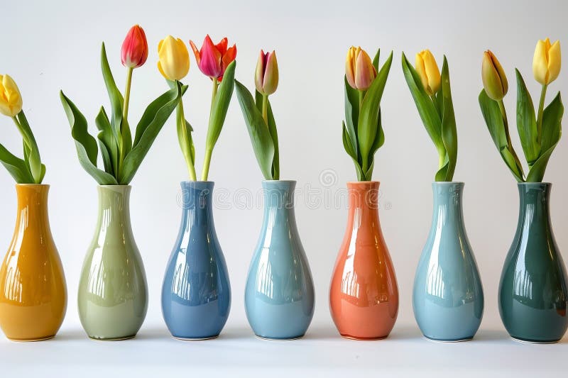 Multi-colored Vases in a Row with Tulips in Them Stock Photo - Image of ...