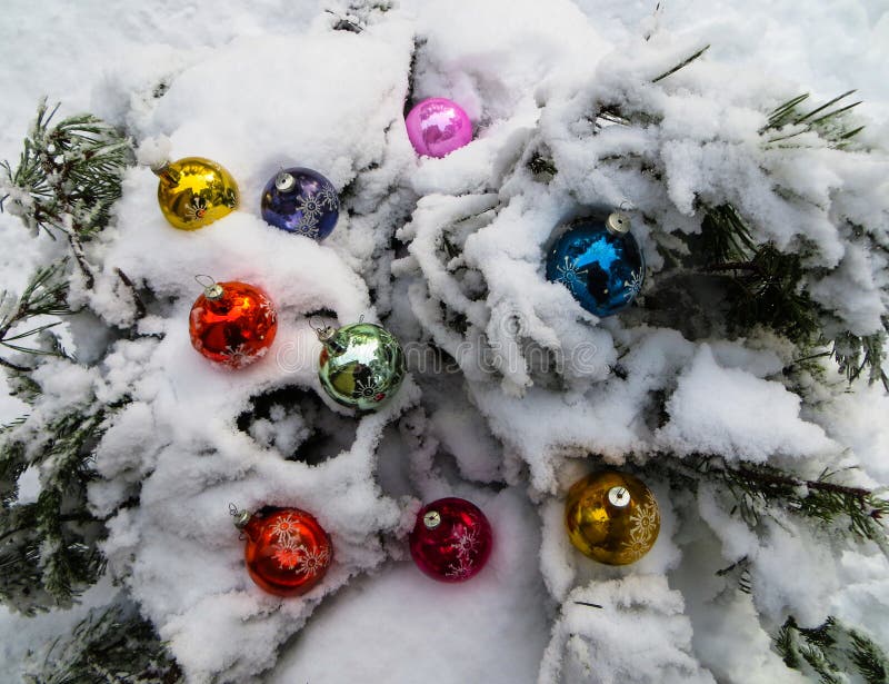 Multi-colored, Vintage, Glass Christmas Balls on the Snow Stock Photo ...