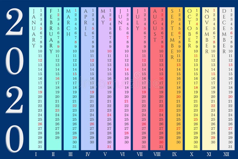 Colorful Wall Calendar 2020 with Vertical Months Stock Illustration ...