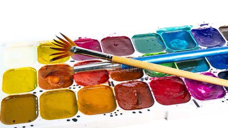 Multi-colored Watercolor Paints and Brushes. Materials for Drawing and ...