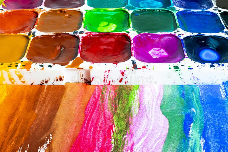 Multi-colored Watercolor Paints and Brushes. Materials for Drawing and ...