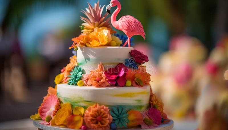 Multi Colored Wedding Cake with Pink Icing Decoration Generated by AI ...