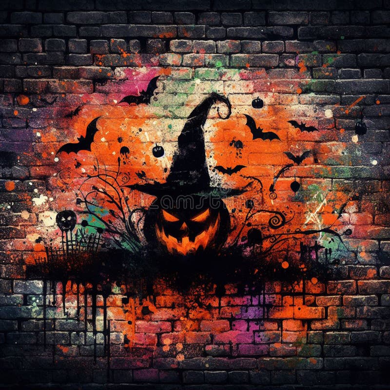 Halloween Graffiti Art on Bricks Wall Stock Illustration - Illustration ...