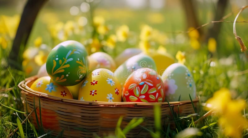 Multi Colors Easter Eggs in the Woven Basket. Pastel Color Easter Eggs ...