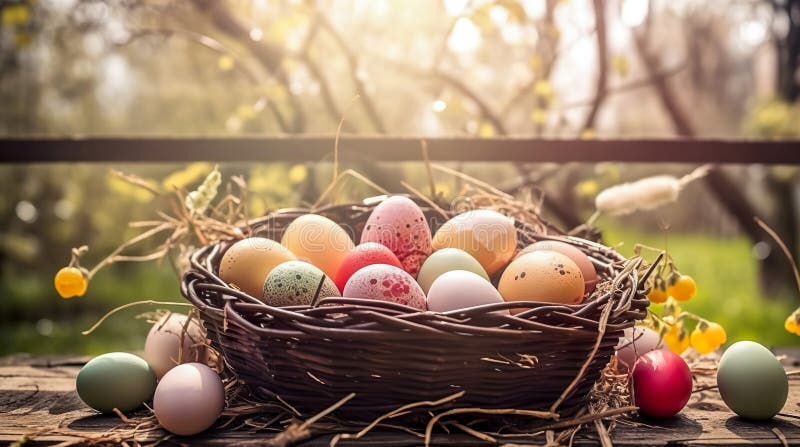 Multi Colors Easter Eggs in the Woven Basket. Pastel Color Easter Eggs ...