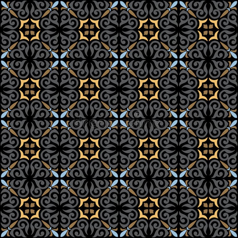 Multi Coloured on Black Ornamental Scroll Seamless Repeat Pattern ...