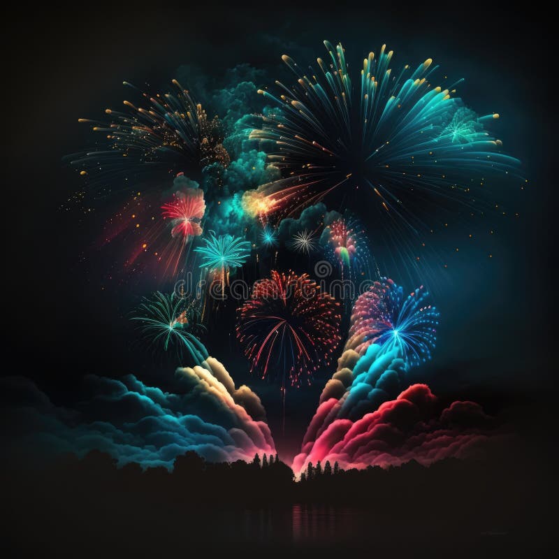 Multi Coloured Fireworks Exploding Over City Landscape, Created Using ...