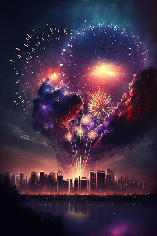 Multi Coloured Fireworks Exploding Over Cityscape, Created Using ...
