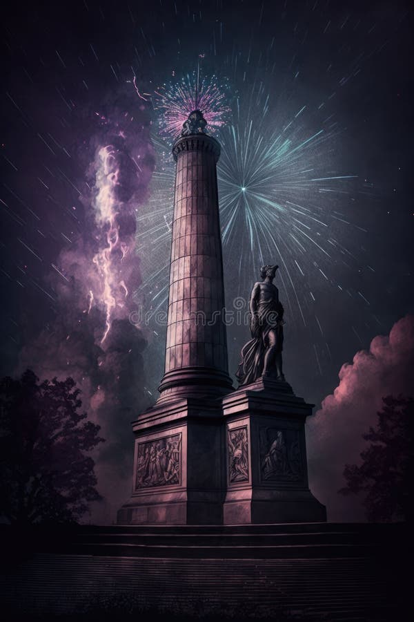 Multi Coloured Fireworks Exploding Over Monument and Statue, Created ...