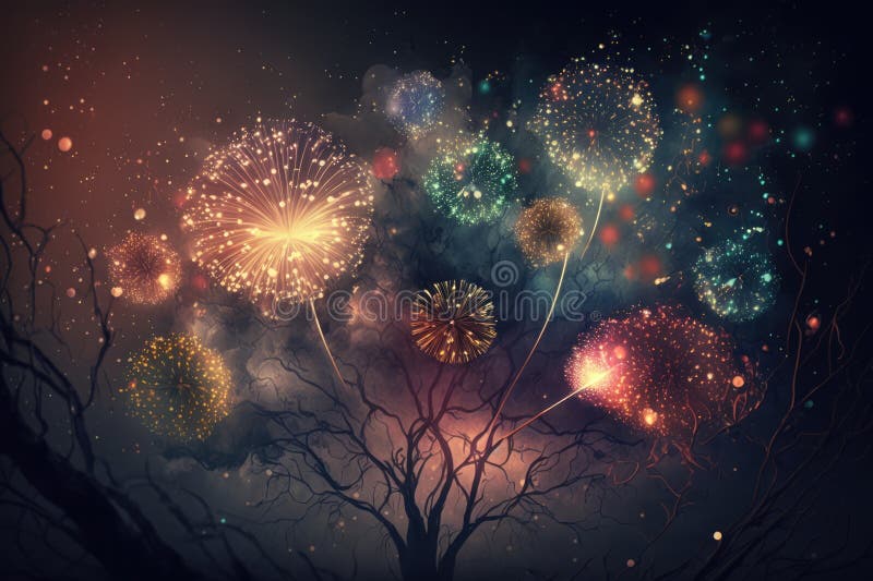 Multi Coloured Fireworks Exploding Over Tree, Created Using Generative ...