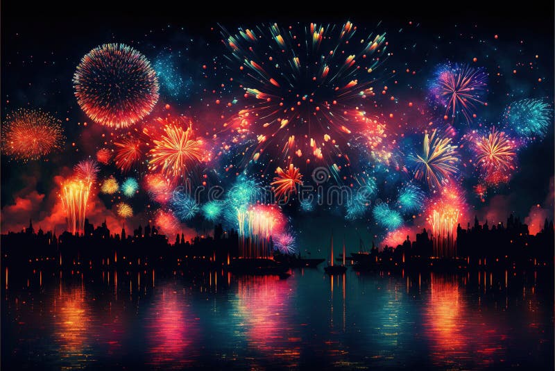 Multi Coloured Fireworks Exploding Over Water, Created Using Generative ...