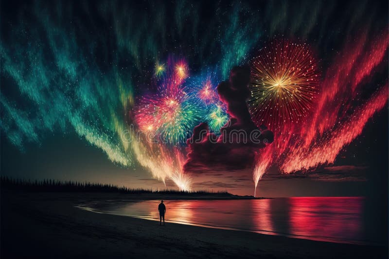 Multi Coloured Fireworks Exploding Over Water, Created Using Generative ...