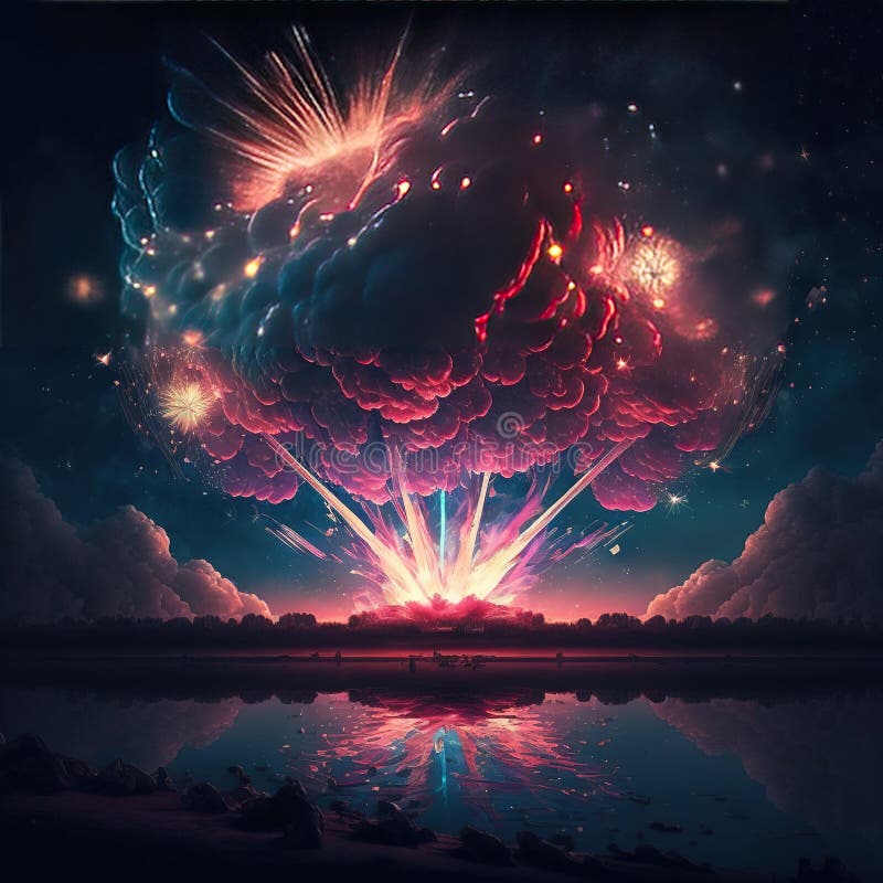 Multi Coloured Fireworks Exploding Over Water, Created Using Generative ...